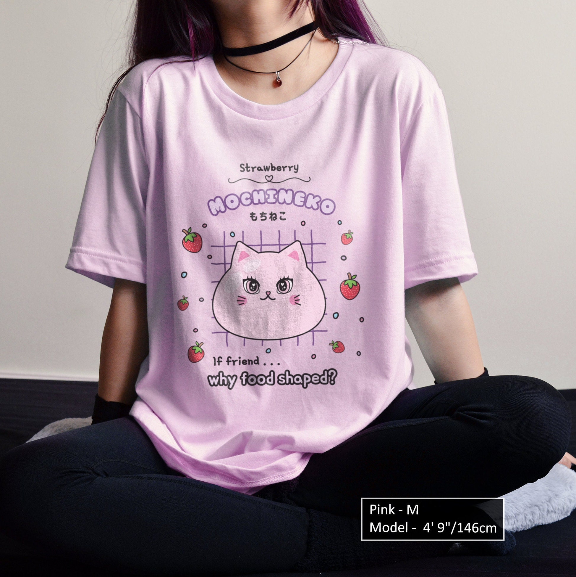 Strawberry Mochi Neko Cat Shirt Yume Kawaii Aesthetic Soft Cotton T ...