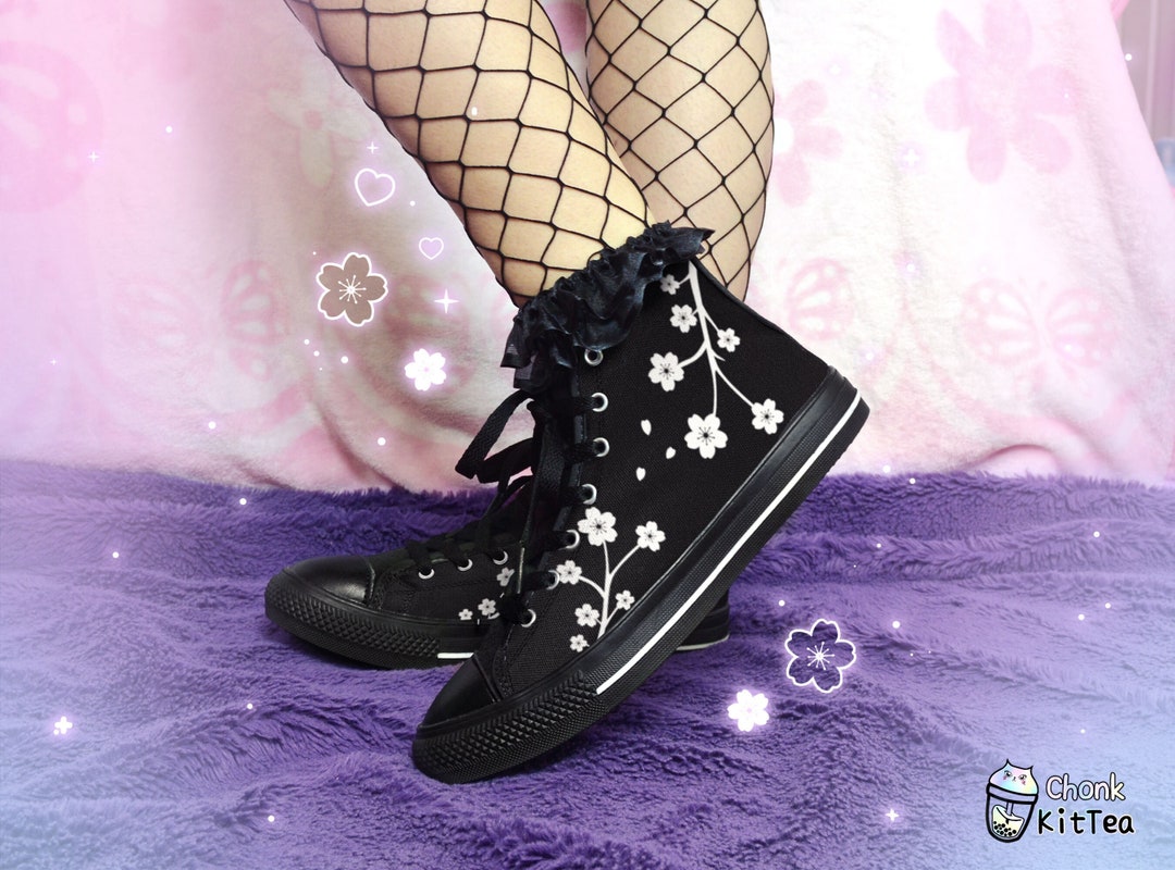 Black White Sakura Shoes Japanese Dark Aesthetic Cherry Blossom High ...