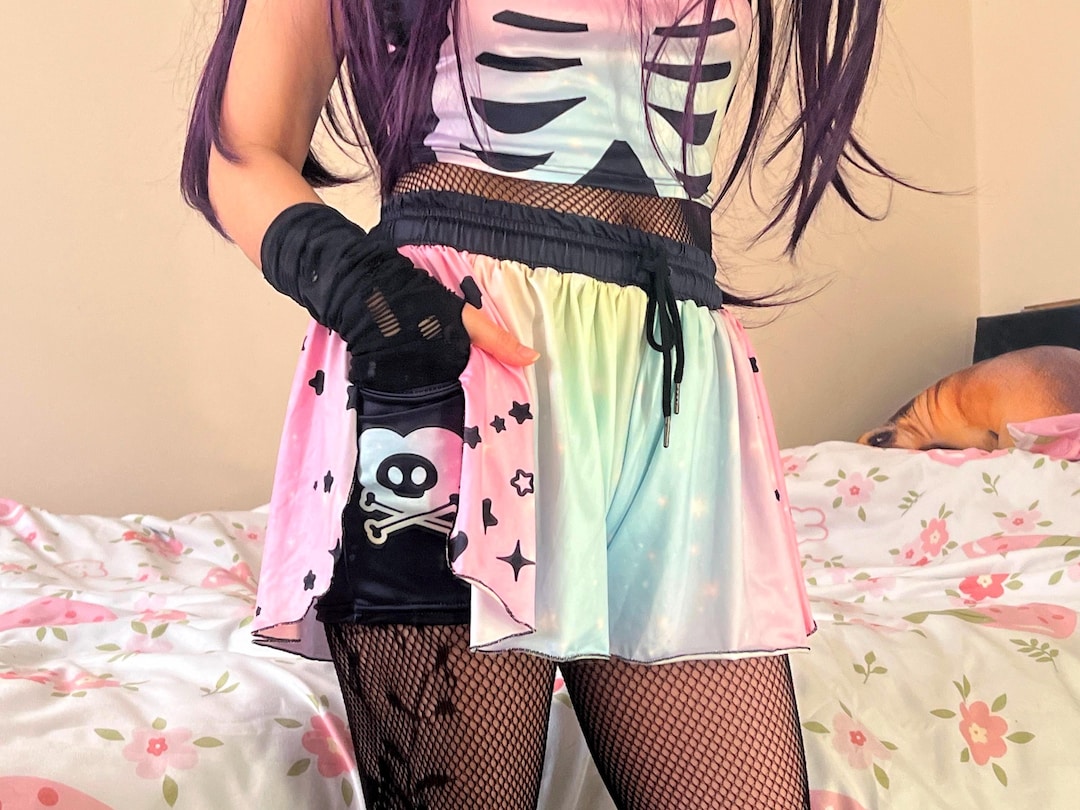 Rainbow Pastel Goth Skorts With Pockets, Celestial Yami Kawaii Skull ...