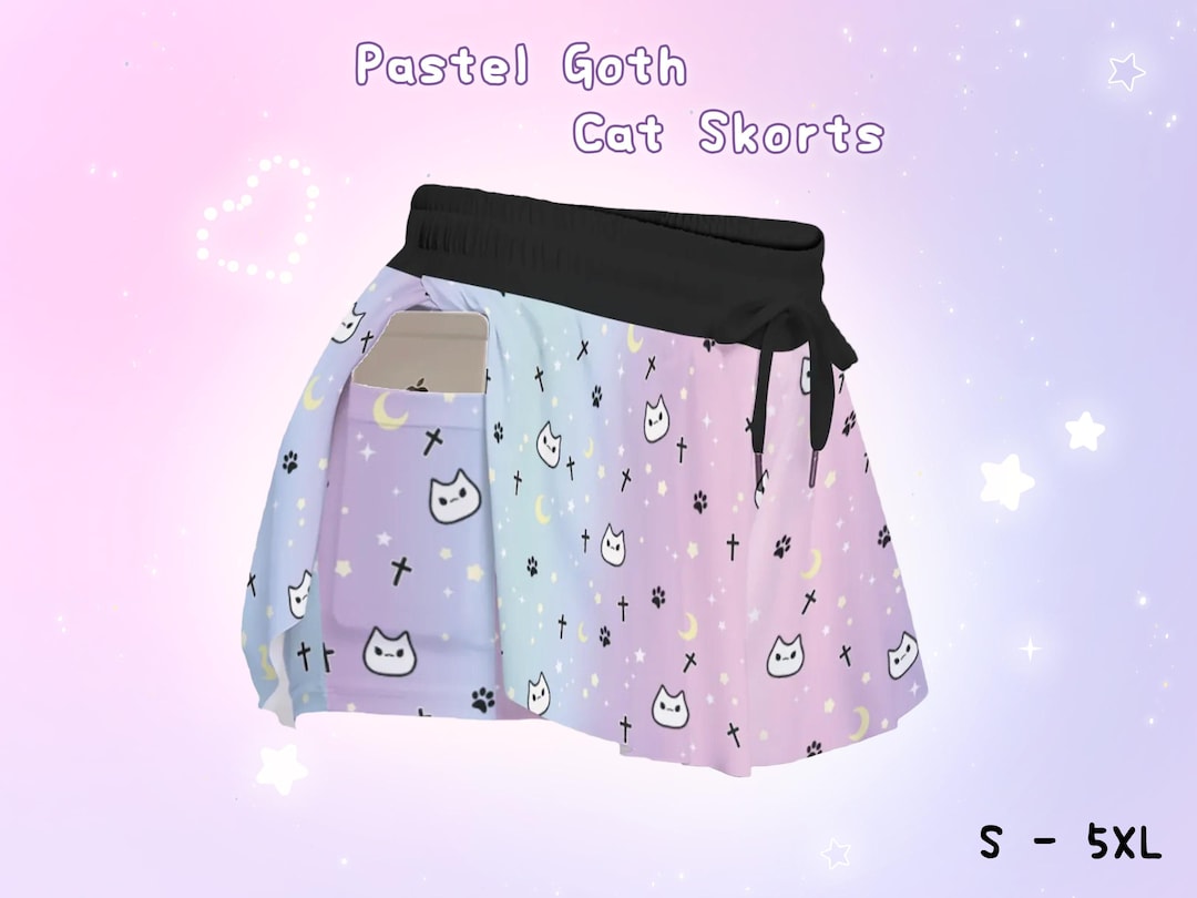 Harajuku Pastel Goth Moon Cat Skorts Celestial Yami Kawaii Shorts With ...
