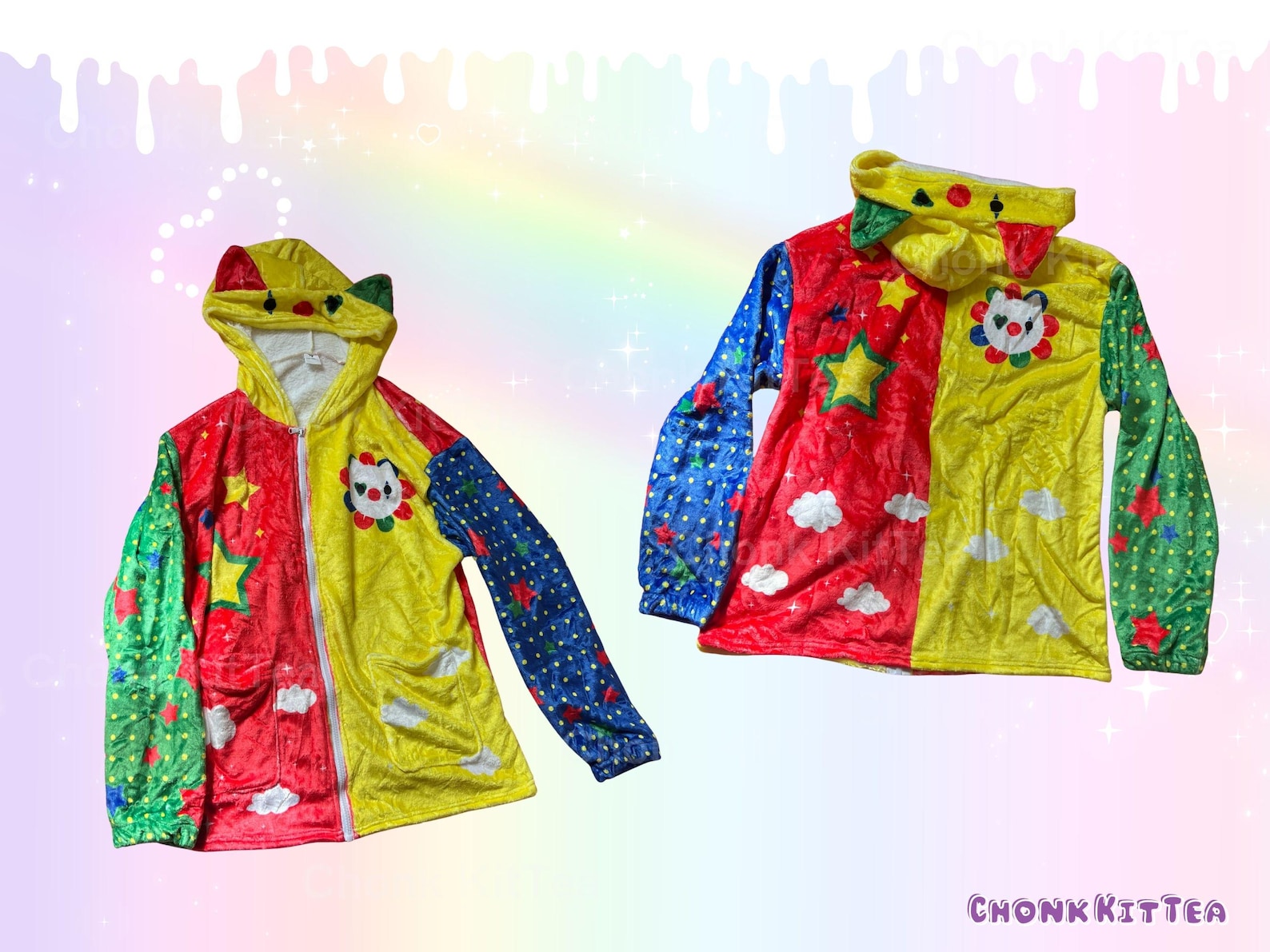 Fluffy Clown Cat Ears Jacket, Kawaii Bunny Ear Kidcore Hoodie Harajuku ...