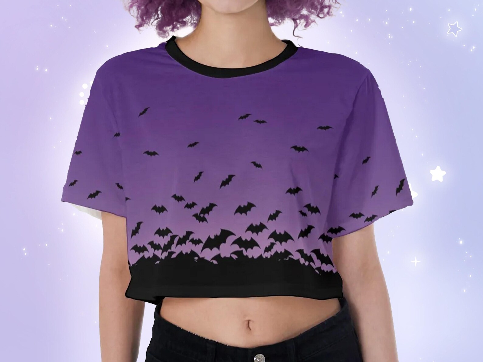 Pastel Goth Bats Crop Top Creepy Cute Yami Kawaii Purple Cropped Shirt ...