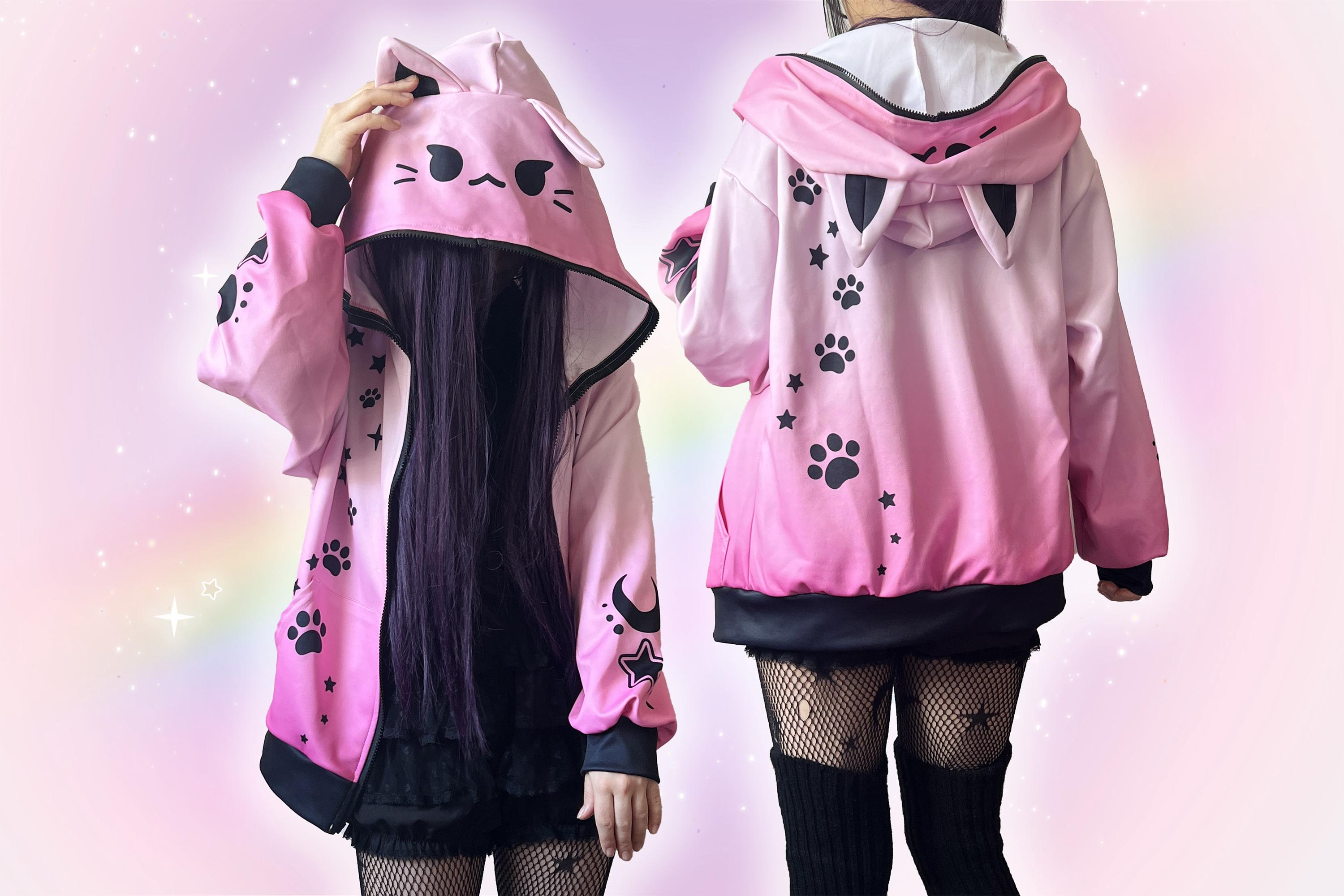 Harajuku Pastel Goth Cat Ears Hoodie W/ Zipper Lightweight Harajuku Pastel Goth Cat Ears Hoodie W/ Zipper Lightweight