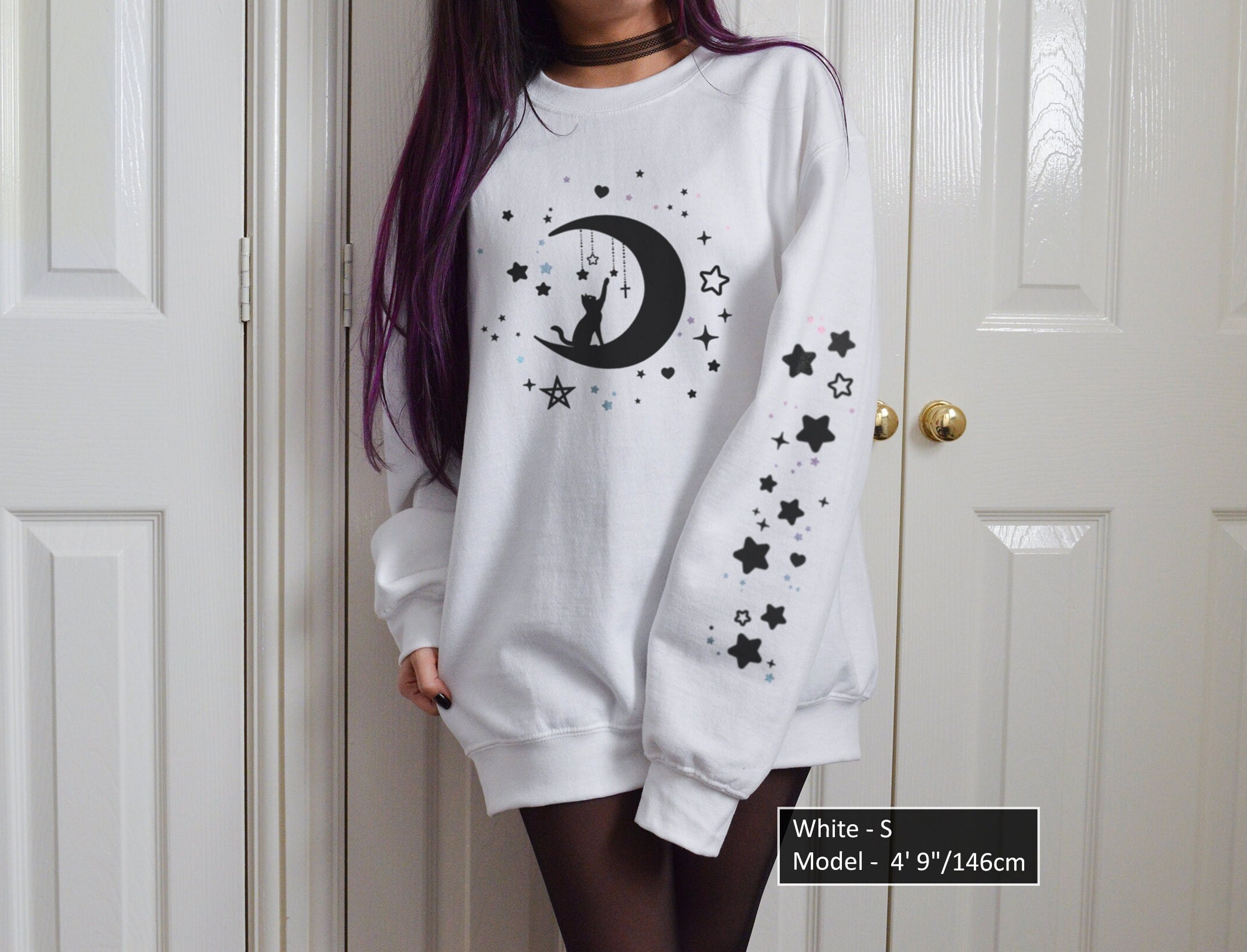 Pastel Goth Moon Cat Sweatshirt Star Sleeve Print Starry Night Kawaii ...