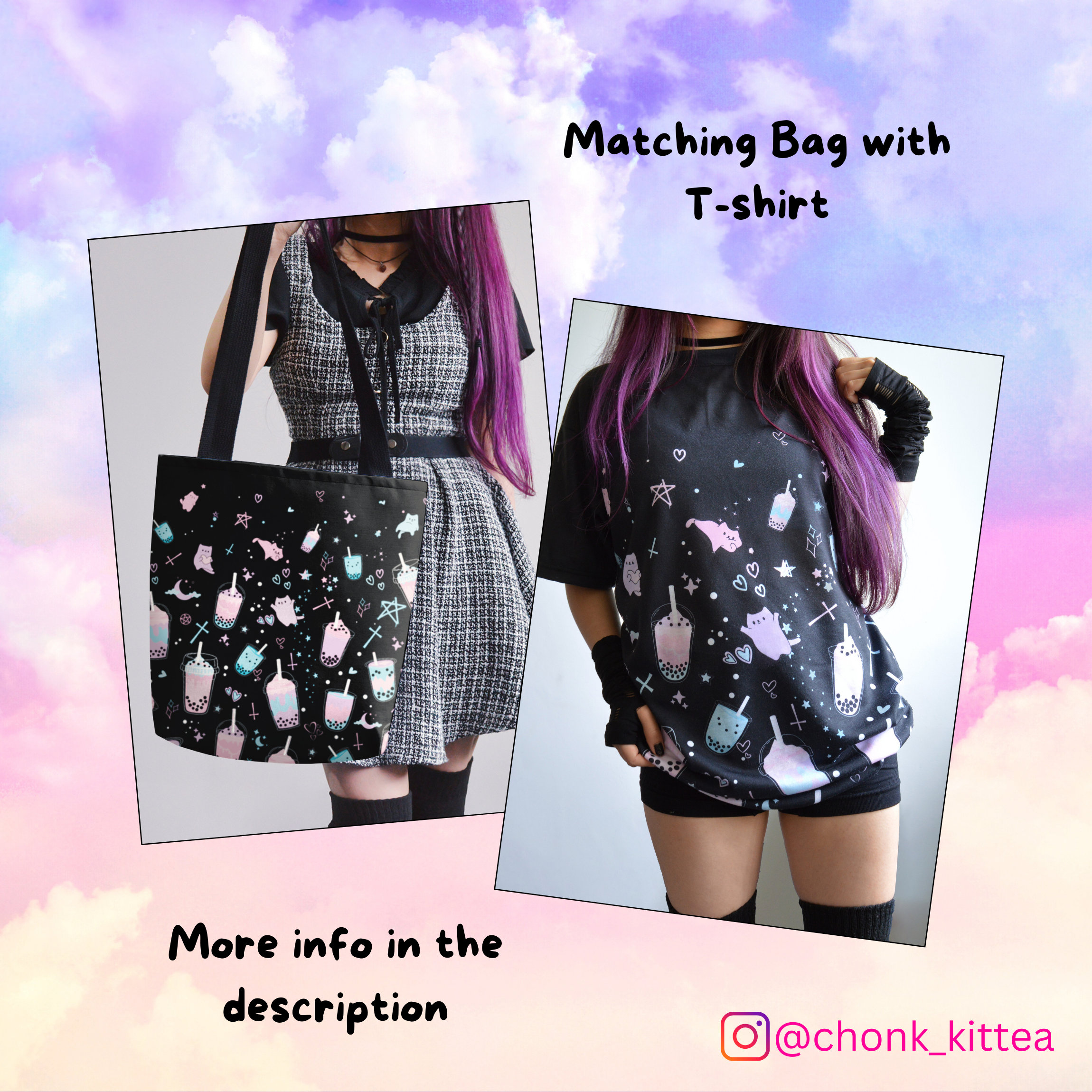 Pastel Goth Boba and Cats Shirt Front Back Design Soft Grunge Bubble ...