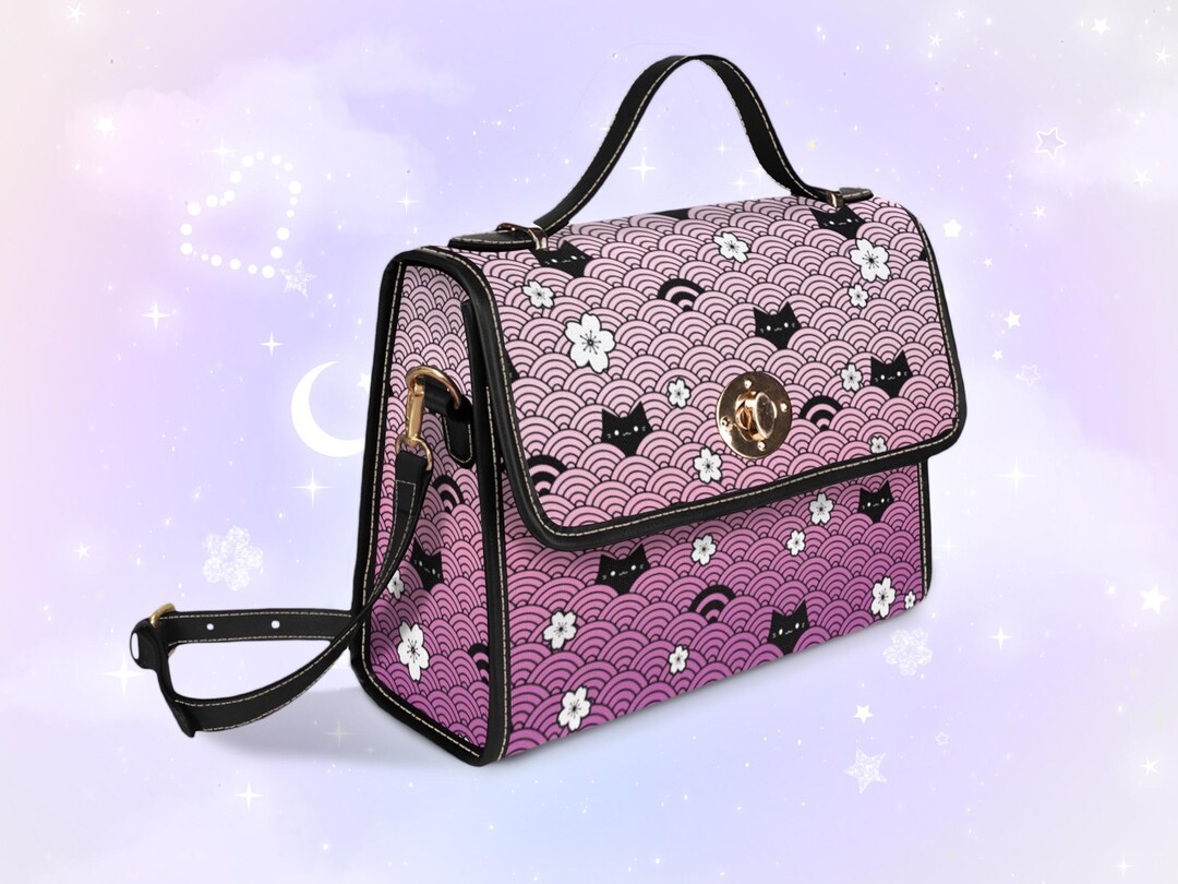 Seigaiha Sakura Cat Bag, Pastel Goth Kitty Flowers Purse, Cherry ...