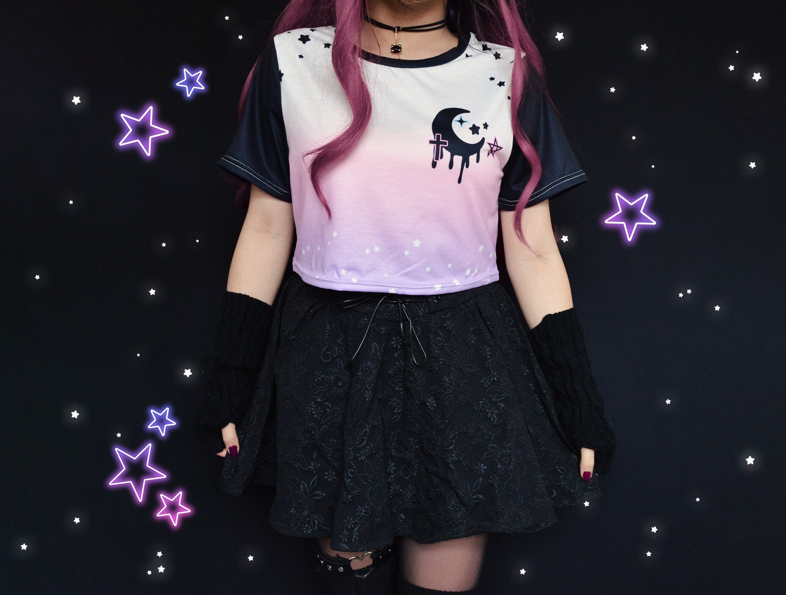 Pastel Goth Crop Top Yami Kawaii Trippy Moon Cropped Shirt Starry ...