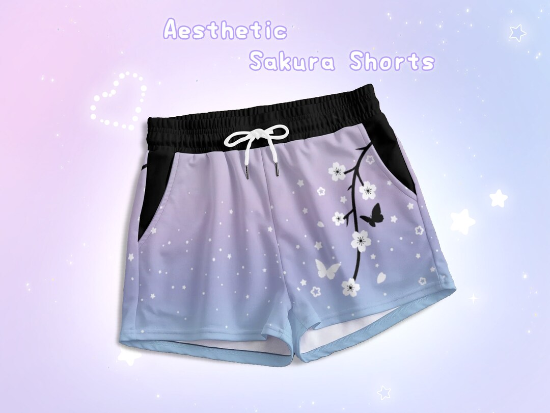 Cute Aesthetic Sakura Shorts With Pockets Starry Butterfly White Cherry ...