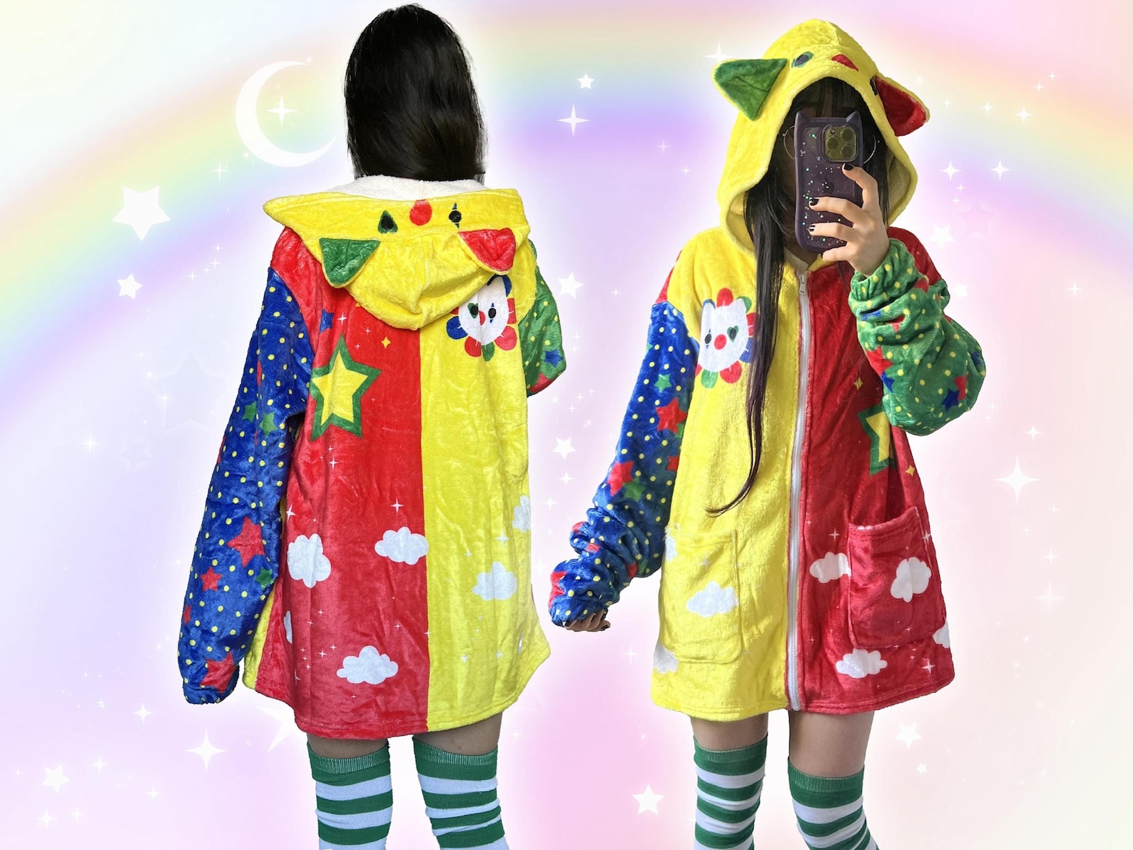 Fluffy Clown Cat Ears Jacket, Kawaii Bunny Ear Kidcore Hoodie Harajuku ...