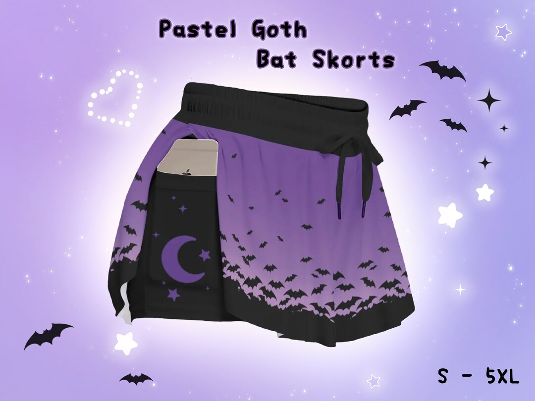 Pastel Goth Bats Skorts Creepy Cute Yami Kawaii Flowy Shorts Purple ...