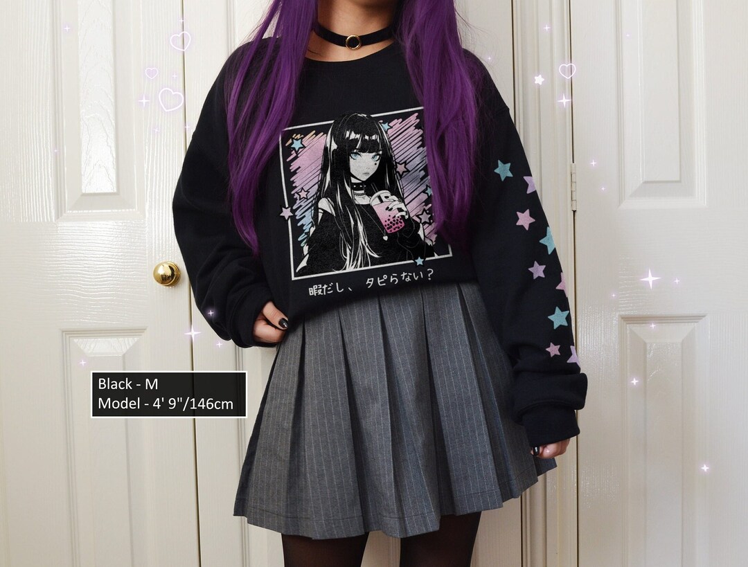 Pastel Goth Anime Boba Sweatshirt Star Sleeve Design Bubble Tea Yami ...