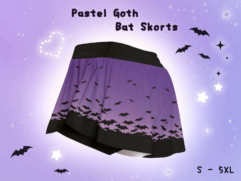 Pastel Goth Bats Skorts Creepy Cute Yami Kawaii Flowy Shorts Purple ...