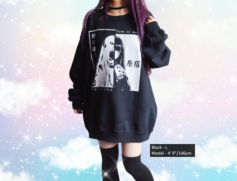 Goth Anime Girl Boba Sweatshirt Black and White Bubble Tea Crew 90s ...