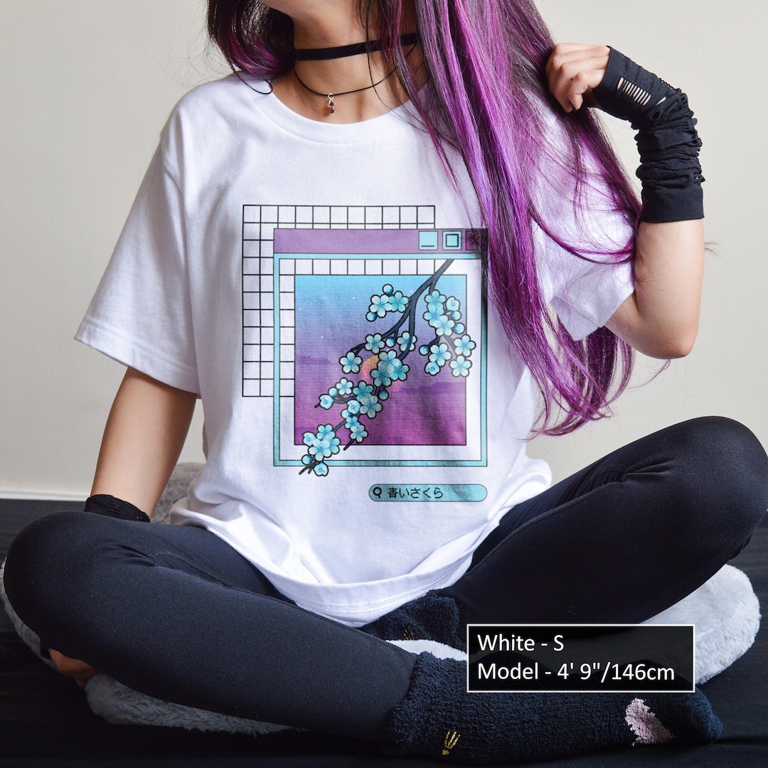 Blue Cherry Blossom Japanese Aesthetic Shirt Aoi Sakura Flower Kawaii ...