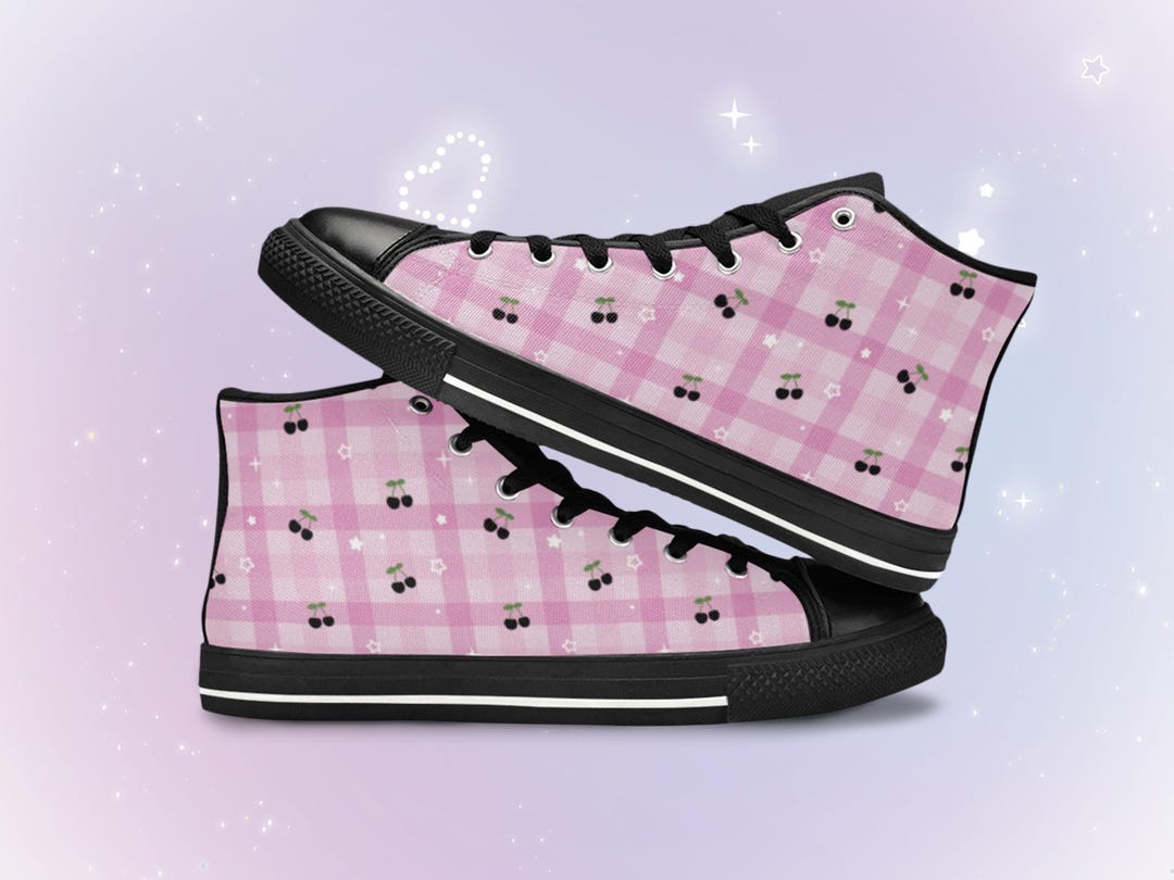 Pastel Goth Cherry Shoes Cute Checker Yami Kawaii High Top Pink ...