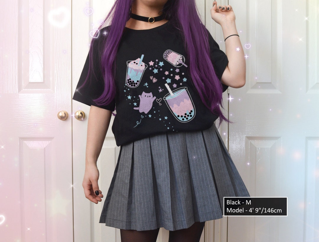 Kawaii Pastel Goth Boba Cat Shirt Cute Bubble Tea Lightweight T-shirt ...