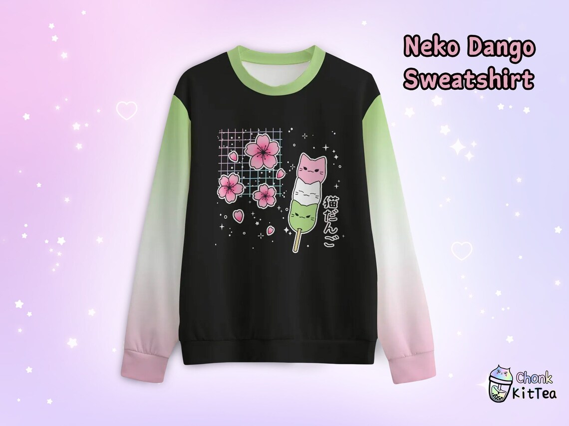 Harajuku Aesthetic Cat Dango Sweatshirt Cherry Blossom Mochi Kawaii ...