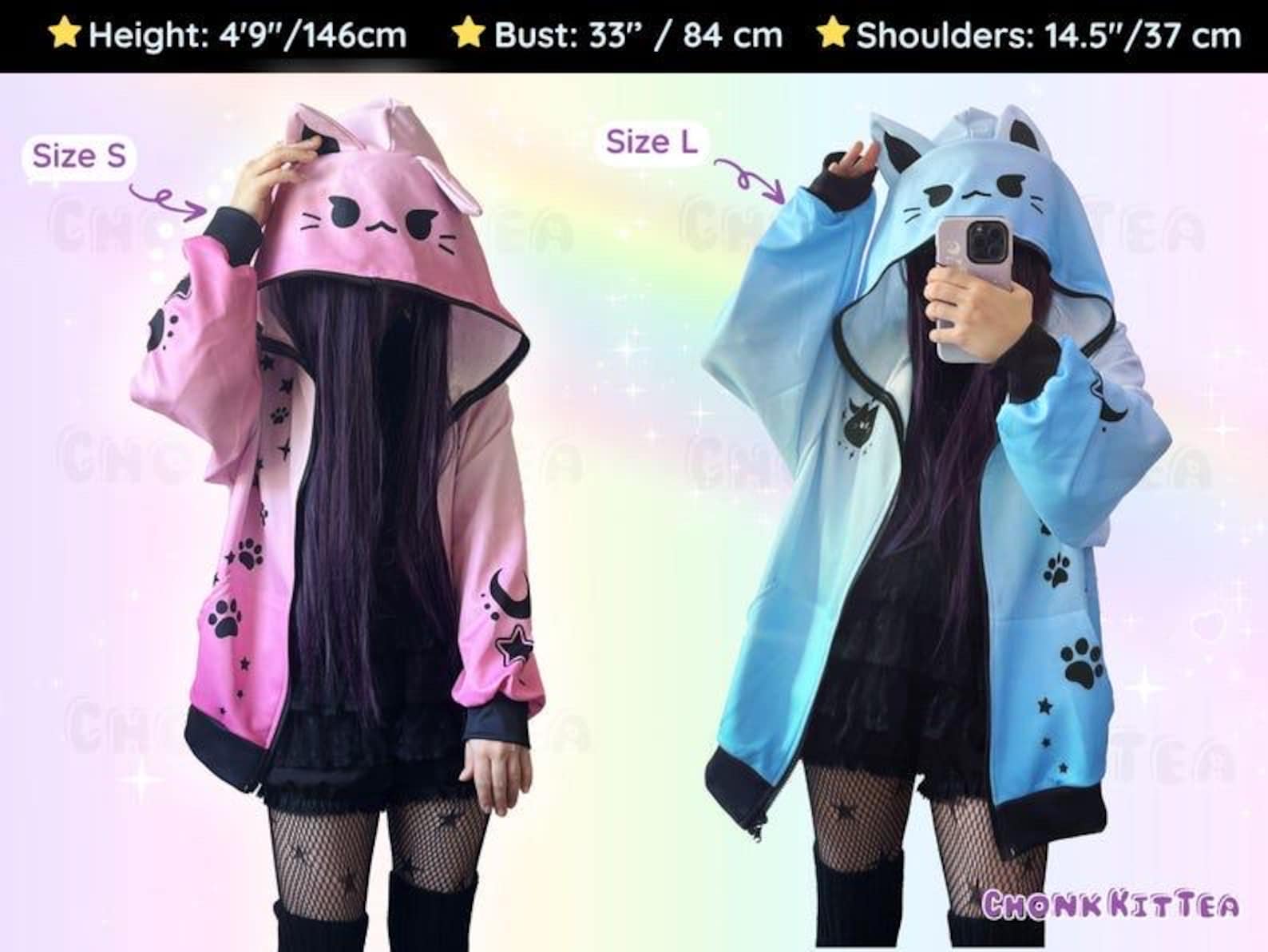 Harajuku Skeleton Cat Ears Hoodie, Lightweight Decora Kei Rib Cage ...
