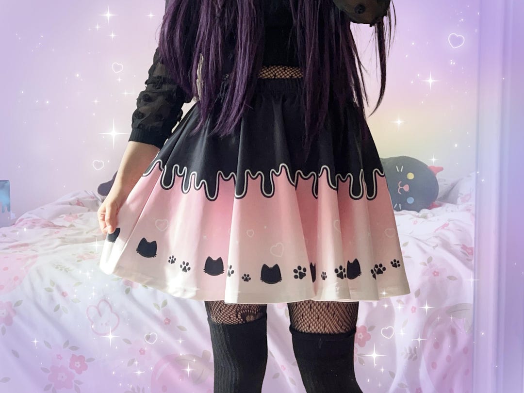 Pink Pastel Goth Cat Skirt, Black Kitty Drippy Yami Kawaii Skirt, Cute ...