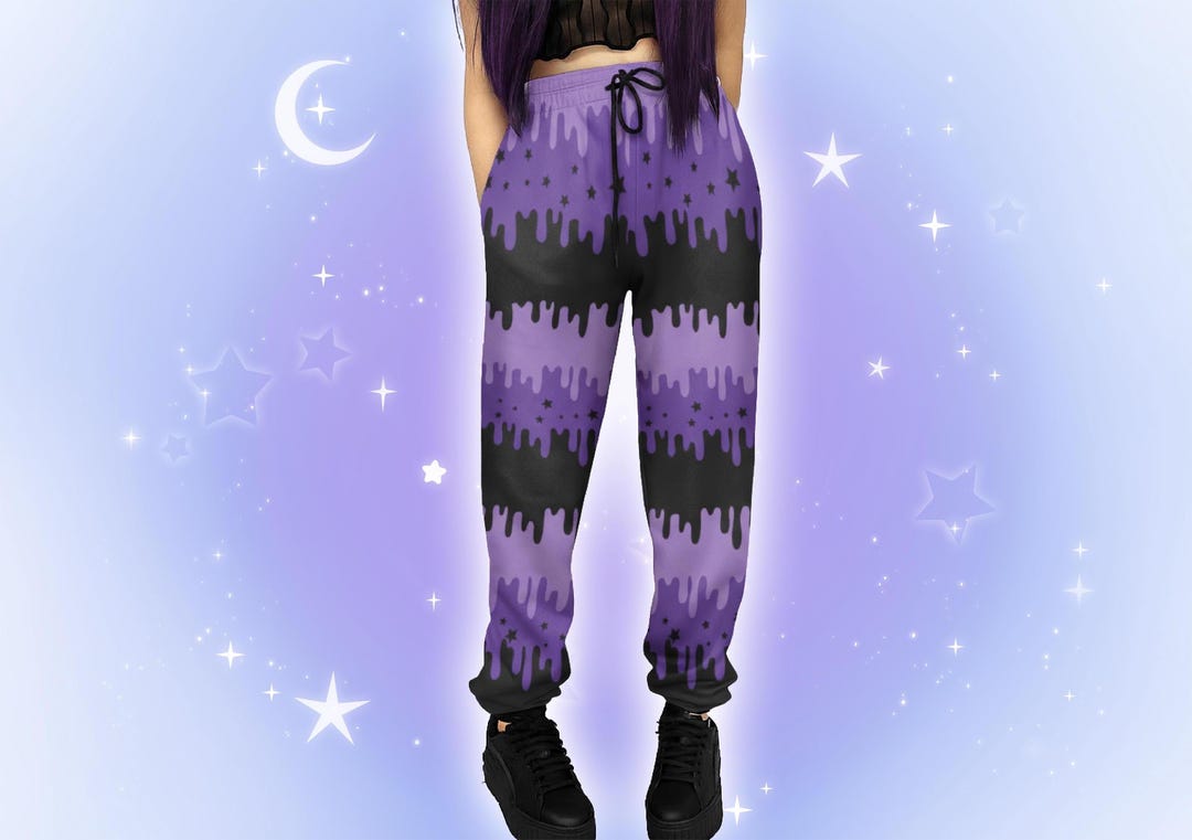 Drippy Pastel Goth Joggers, Purple and Black Starry Harajuku Sweatpants ...