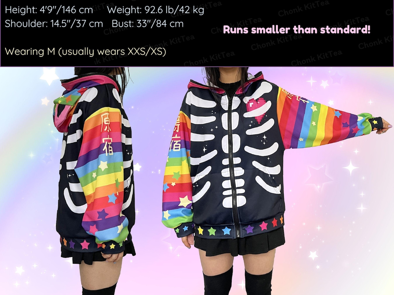 Harajuku Skeleton Cat Ears Hoodie, Lightweight Decora Kei Rib Cage ...