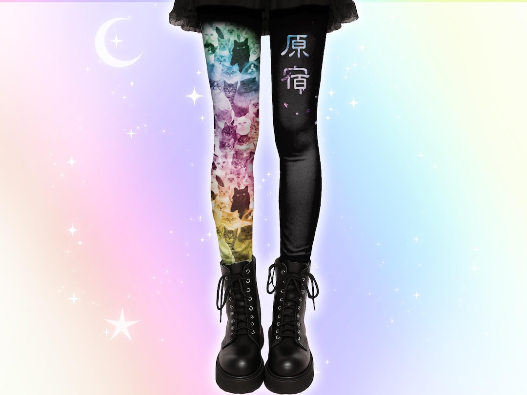 Harajuku Rainbow Cats Leggings, Decora Kei Yami Kawaii Leggings, Cute ...