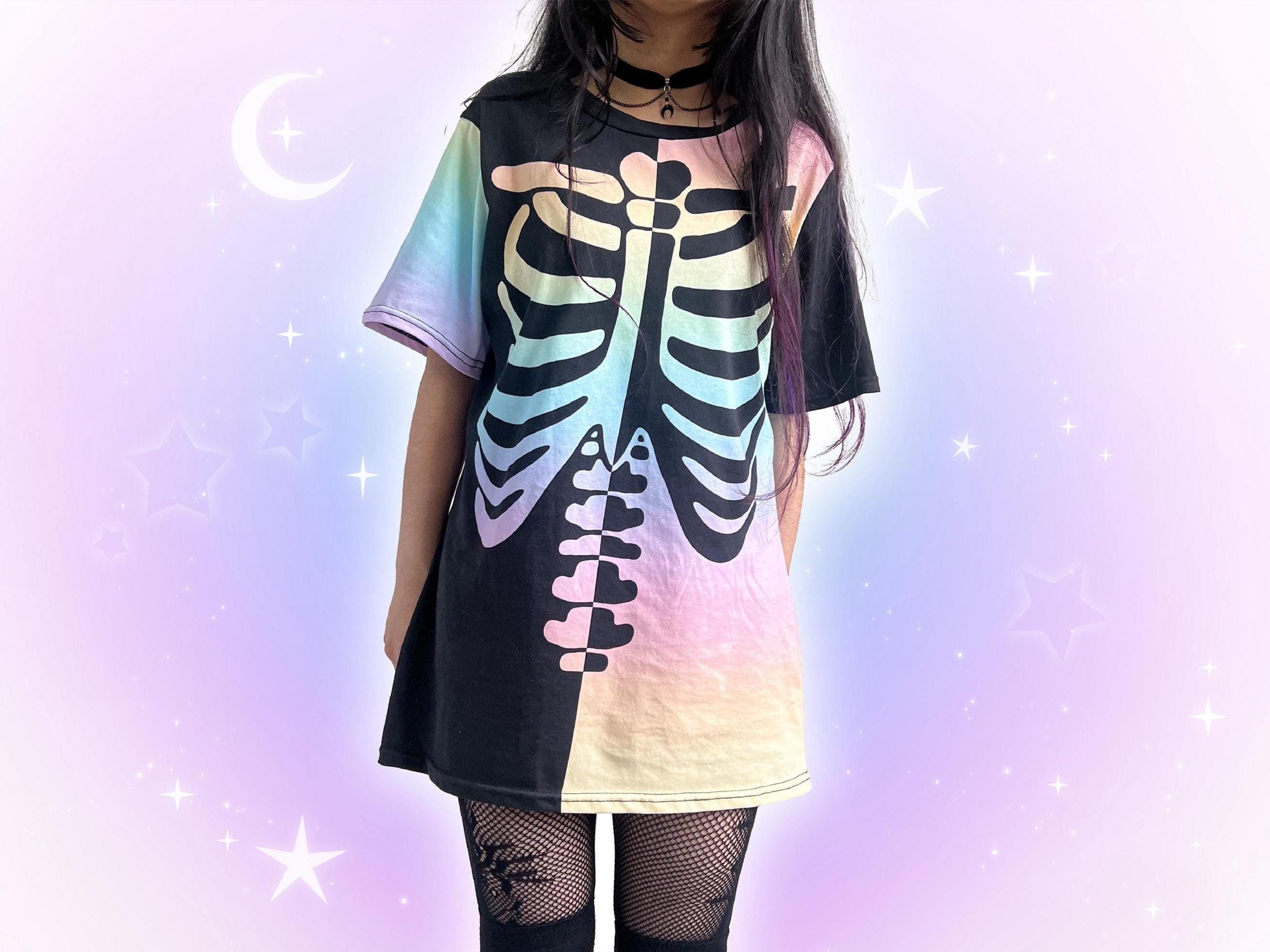 Pastel Goth Rainbow Skeleton Shirt, Cotton Yami Kawaii Rib Cage T Shirt ...