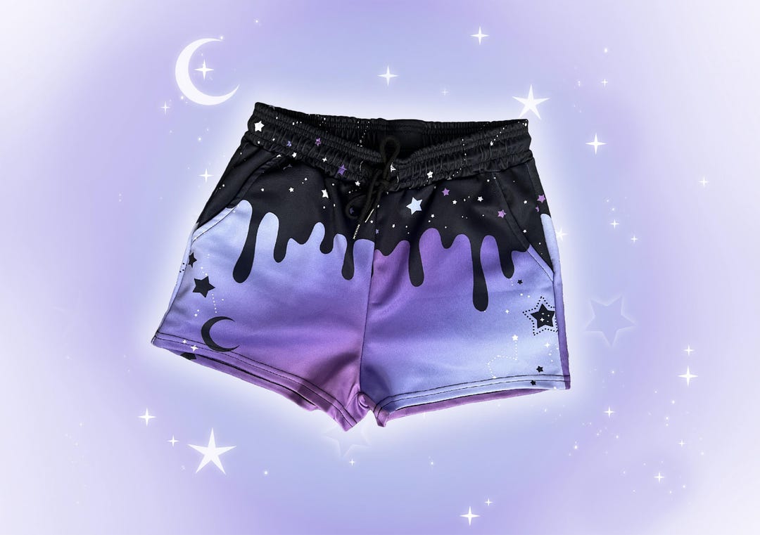 Purple Pastel Goth Shorts With Pockets, Drippy Starry Harajuku Shorties ...