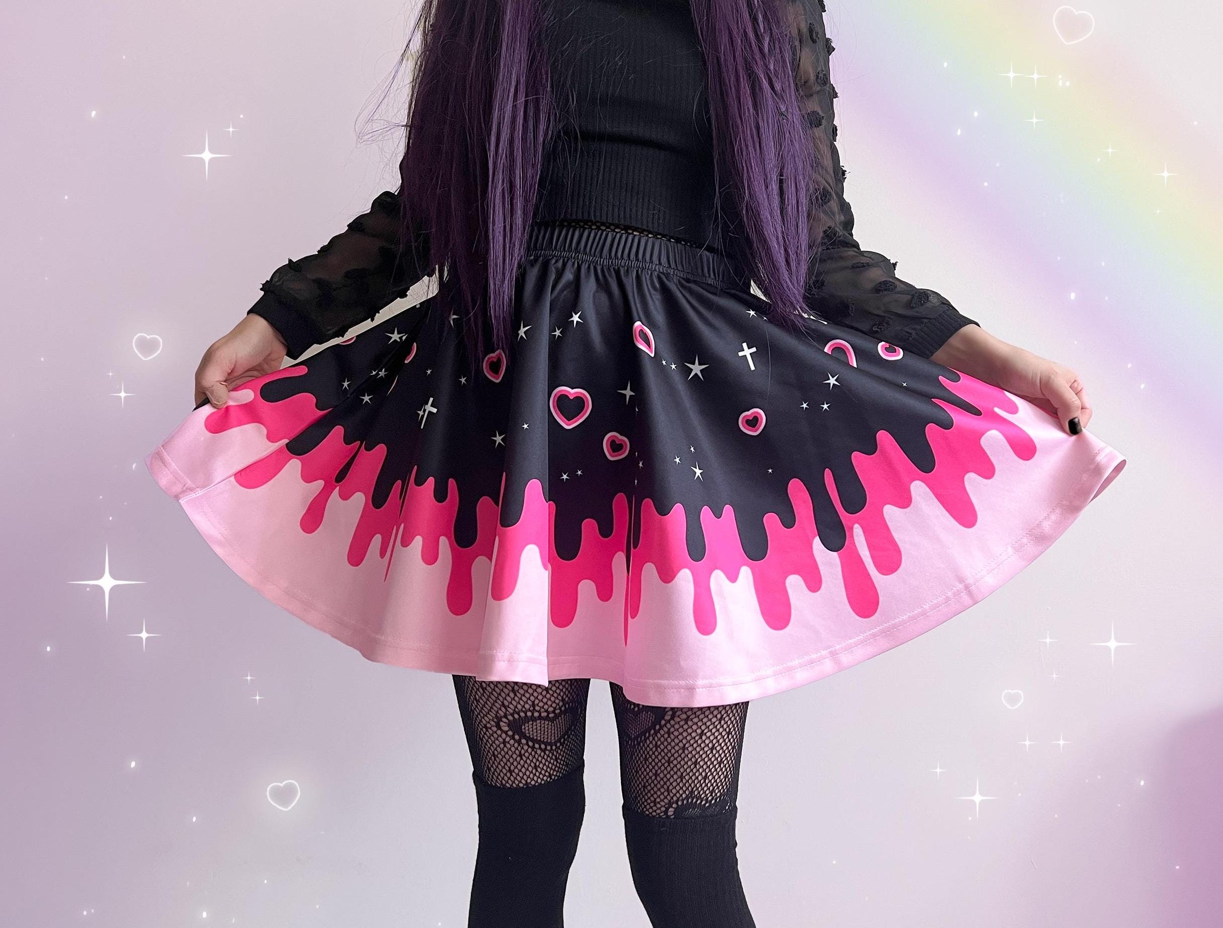 Drippy Heart Pastel Goth Skirt, Black and Pink Yami Kawaii Skirt, Cute ...