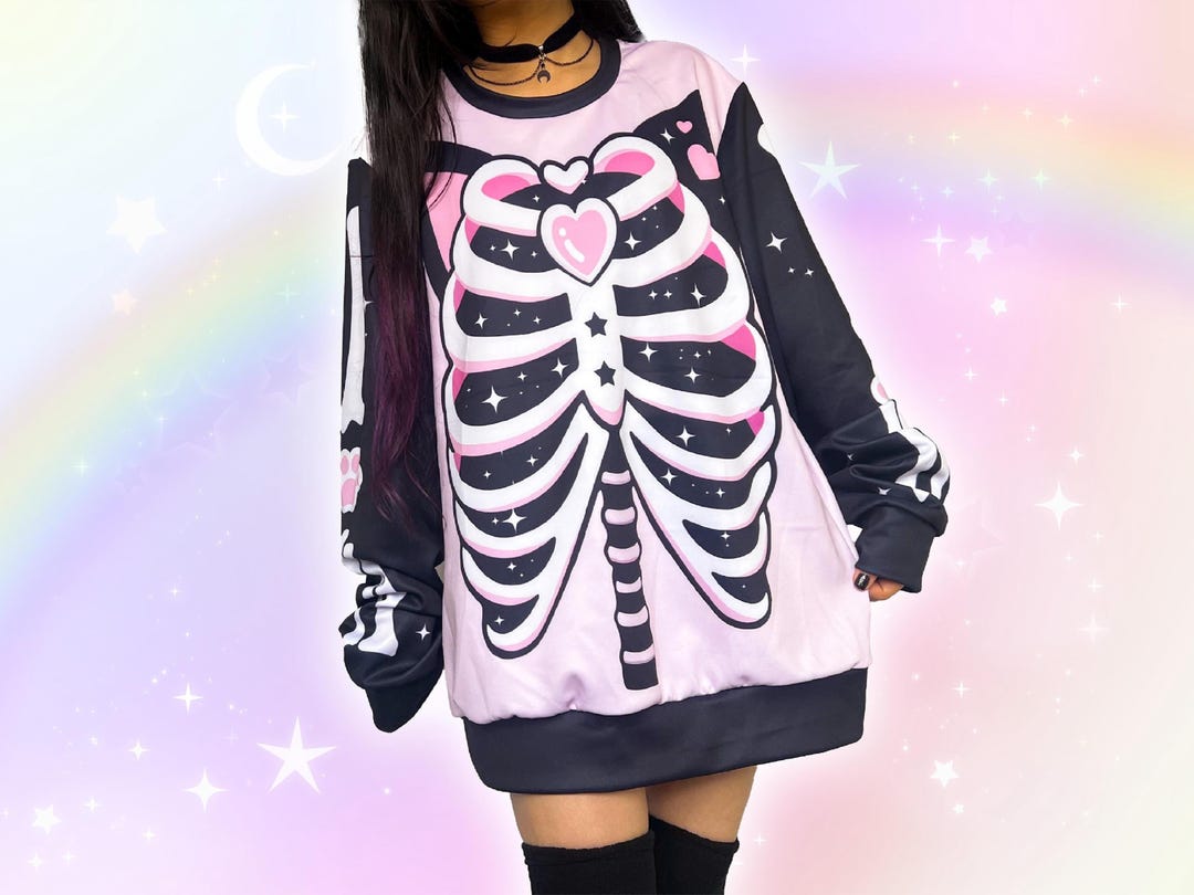 Pastel Goth Skeleton Cat Sweatshirt, Creepy Cute Harajuku Rib Cage ...