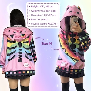 Harajuku Gamer Cat Ears Hoodie, Pastel Goth Lightweight Skeleton Jacket Yami Kawaii Kitty Rib ...