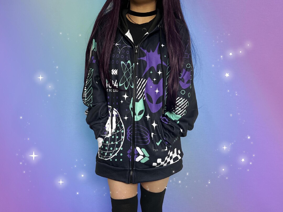 Sci-fi Alien Cat Hoodie W/ Zipper Retro Futuristic Cyberpunk Kitty ...