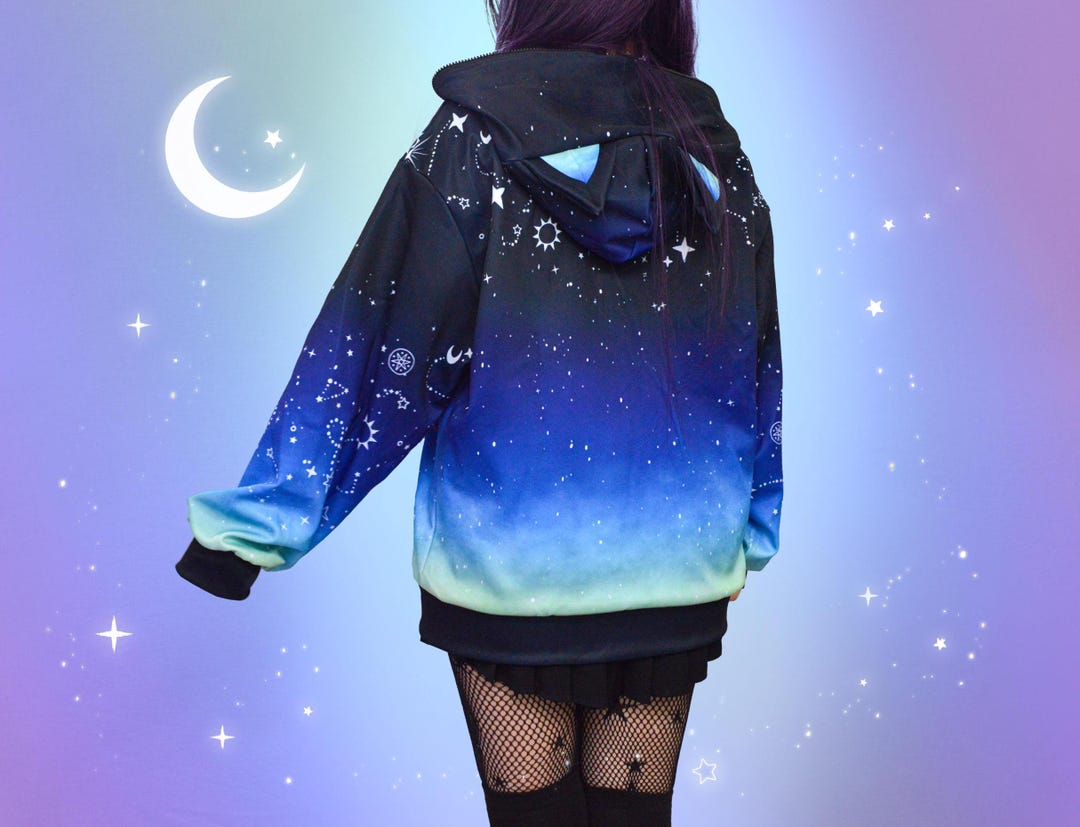 Celestial Cat Ears Hoodie, Lightweight Harajuku Mystic Constellations Starry Night Alt Jacket ...