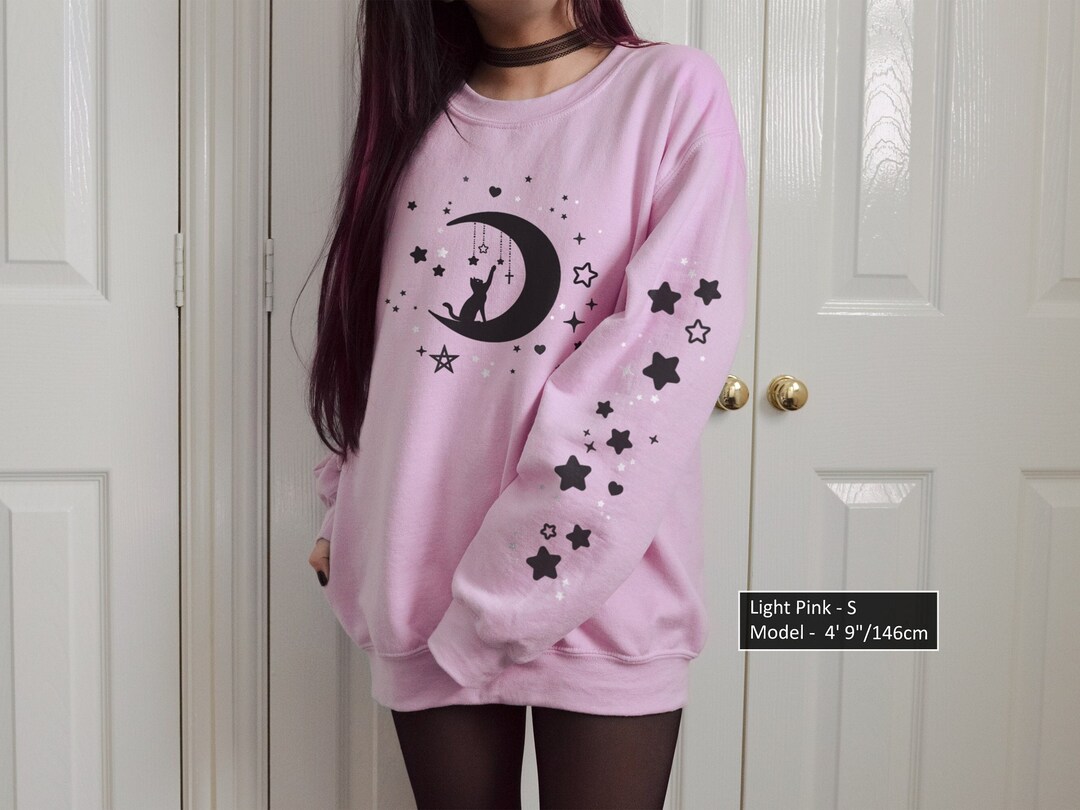 Pastel Goth Moon Cat Sweatshirt Star Sleeve Print Starry Night Kawaii ...