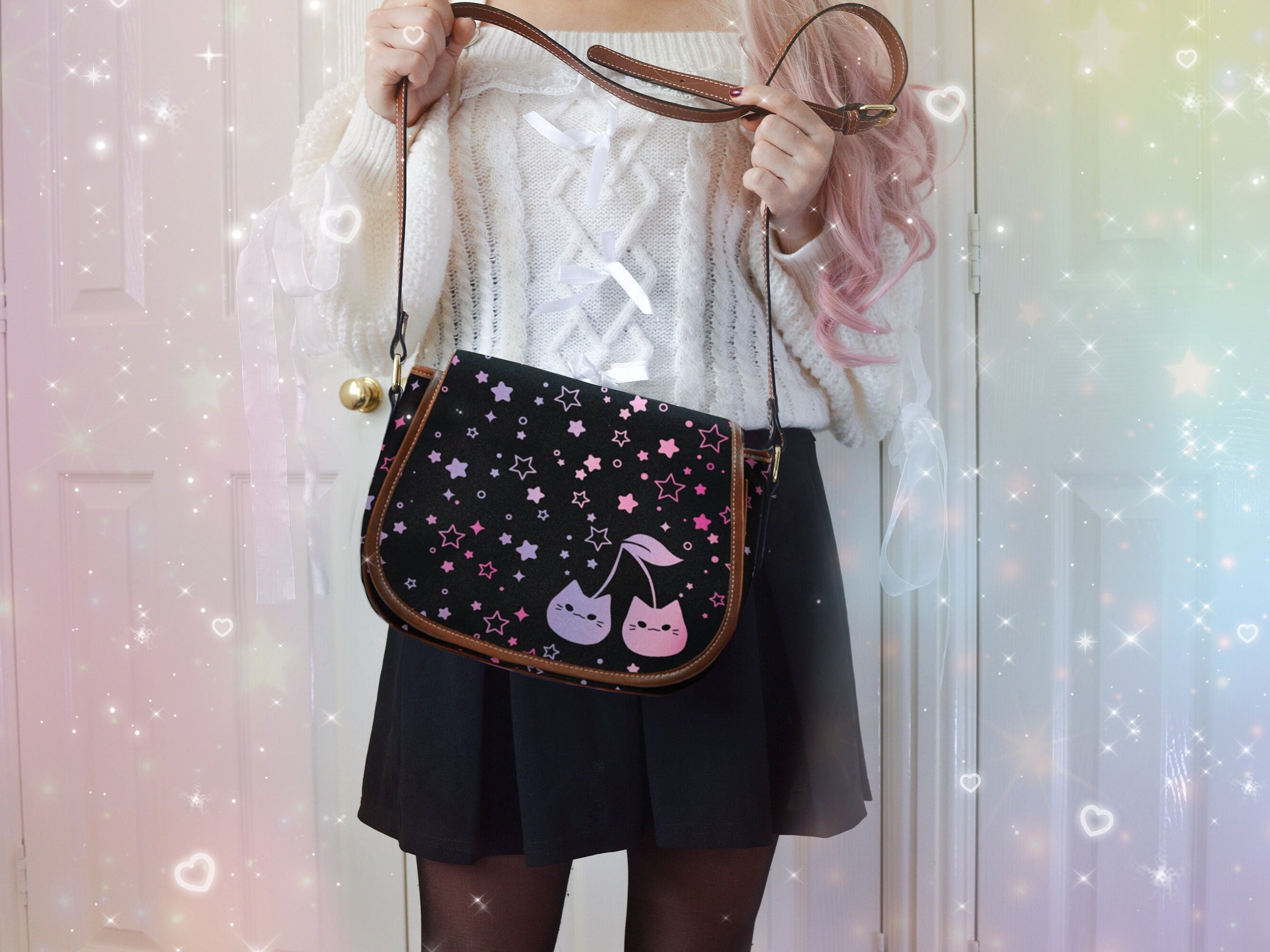 Cat Cherry Bag Celestial Pastel Goth Handbag Yume Kawaii Dreamy Kitty Star Cherries Purse Cute ...