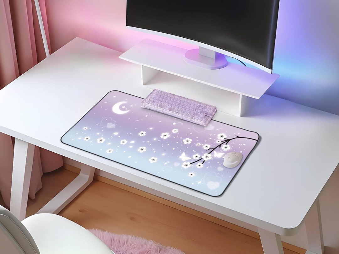Cute White Sakura Desk Mat Aesthetic Cherry Blossom XL Gaming Mouse Pad ...