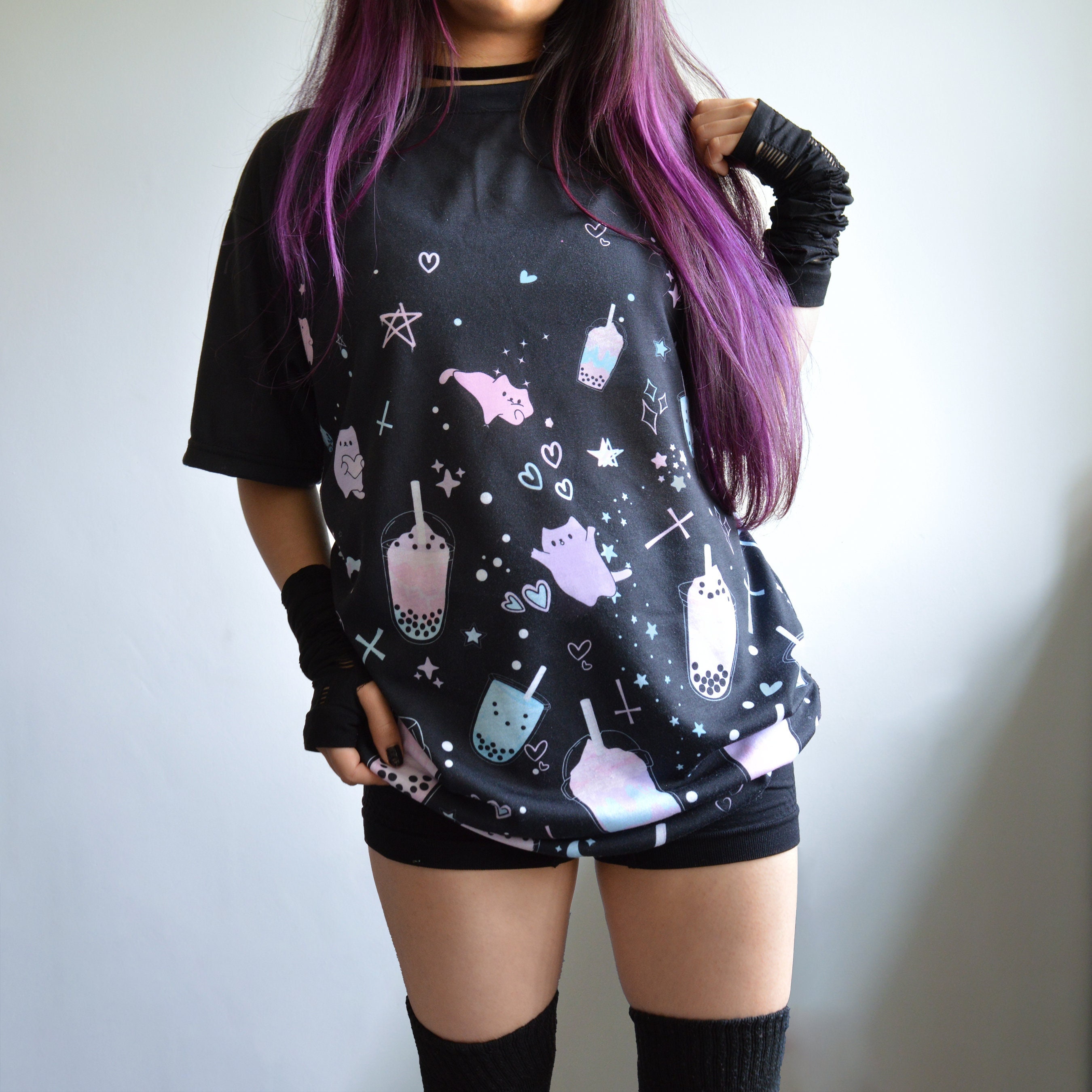 Pastel Goth Boba and Cats Shirt Front Back Design Soft Grunge Bubble ...
