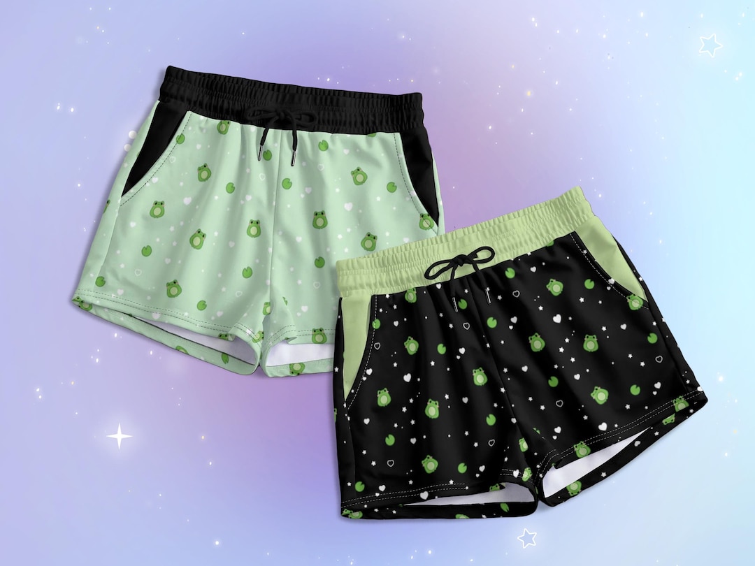 Kawaii Frog Shorts With Pockets Harajuku Aesthetic Black Green Shorts ...