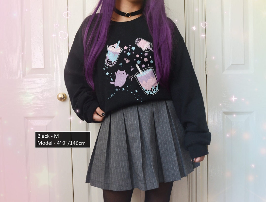 Kawaii Pastel Goth Boba Cat Sweatshirt, Cute Bubble Tea Sweater, Soft ...
