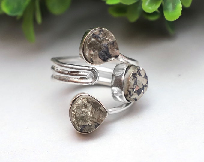 Raw Pyrite Ring, Rough Pyrite Heart Ring, 925 Silver, Three Stone Ring, Healing Ring, Trilogy ...