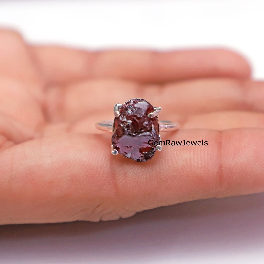 Raw Garnet Ring, Uncut Garnet Stone, 925 Solid Silver Ring, Boho Crystal Ring, Handmade January ...