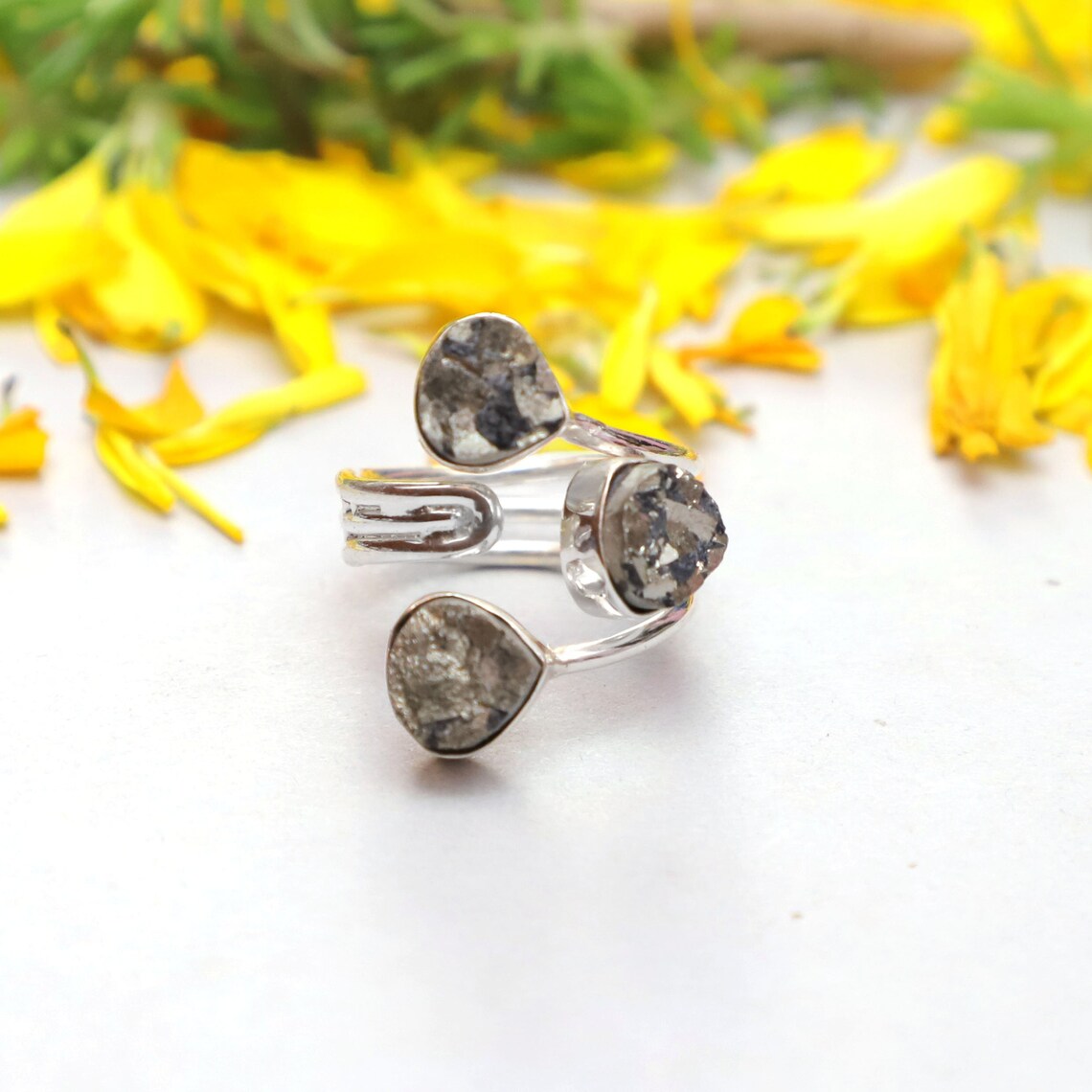 Raw Pyrite Ring, Rough Pyrite Heart Ring, 925 Silver, Three Stone Ring ...