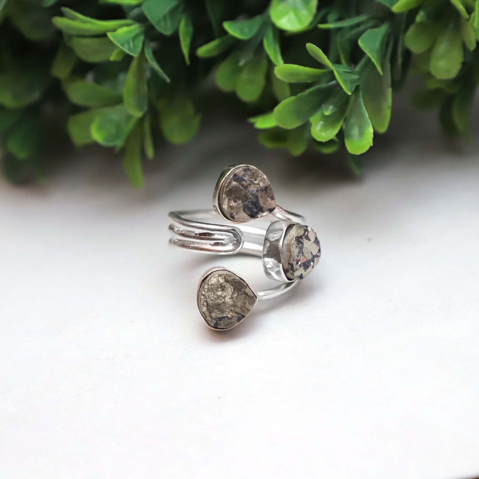 Raw Pyrite Ring, Rough Pyrite Heart Ring, 925 Silver, Three Stone Ring ...