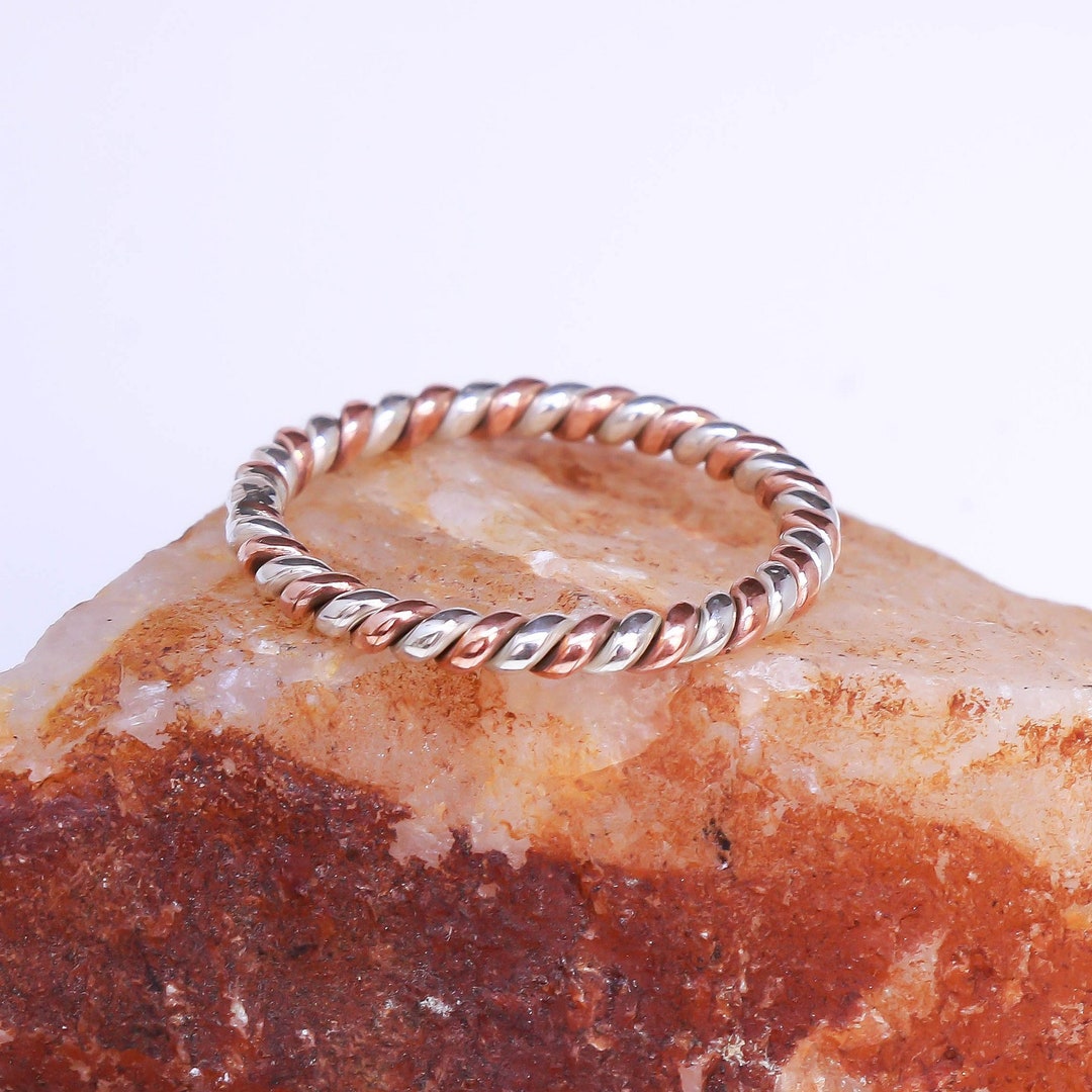 Minimalist Twisted Rope Ring, Two Tone Twist Ring, Copper Silver Mix ...