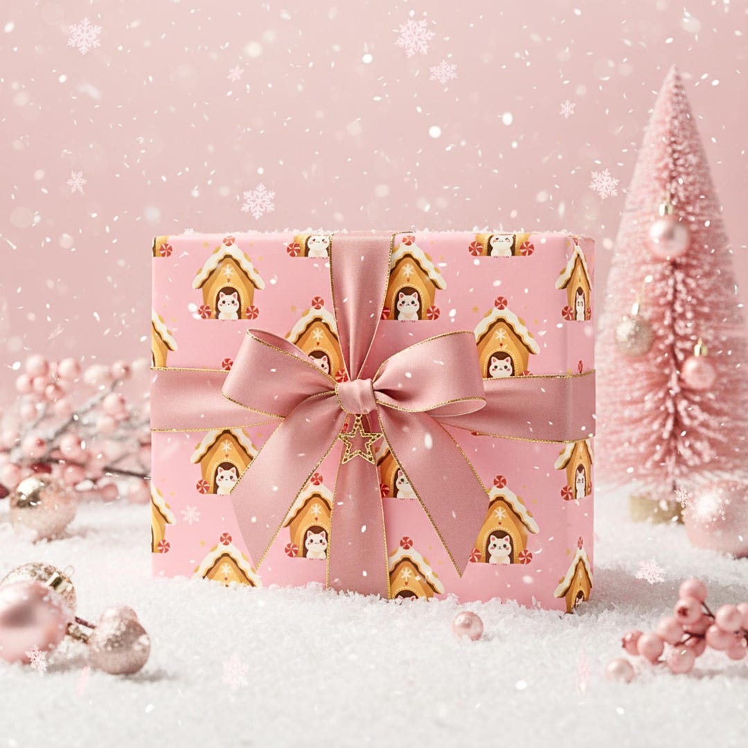 Christmas Wrapping Paper, Gingerbread Cat House Pattern With Gold ...