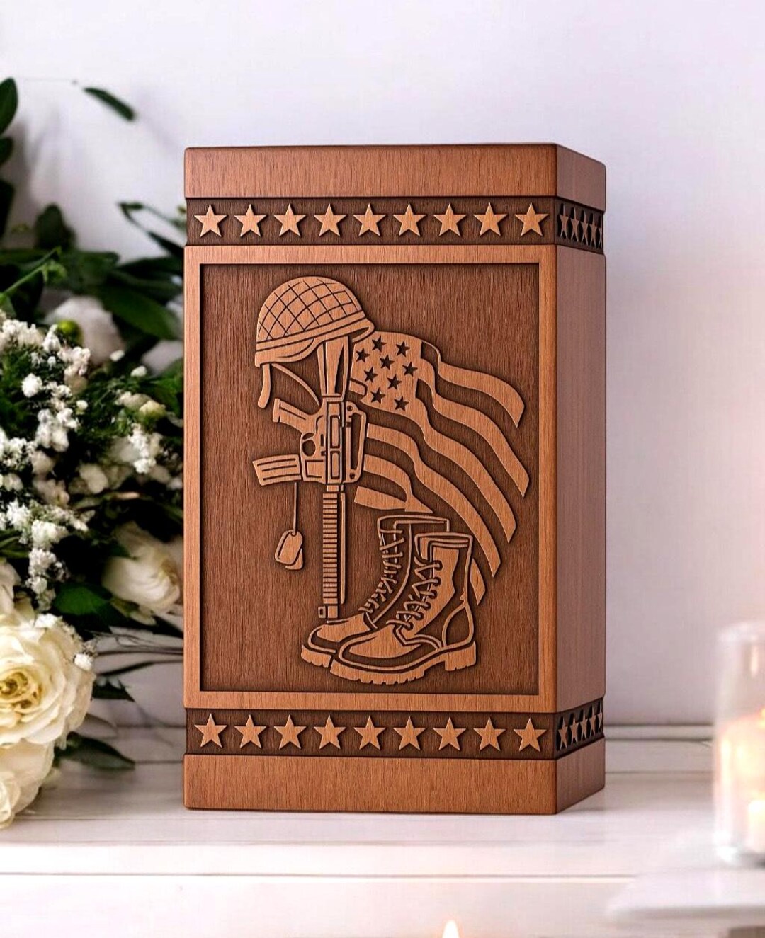 Handcrafted Rosewood Military Cremation Urn: Soldier, Boots, Flag ...