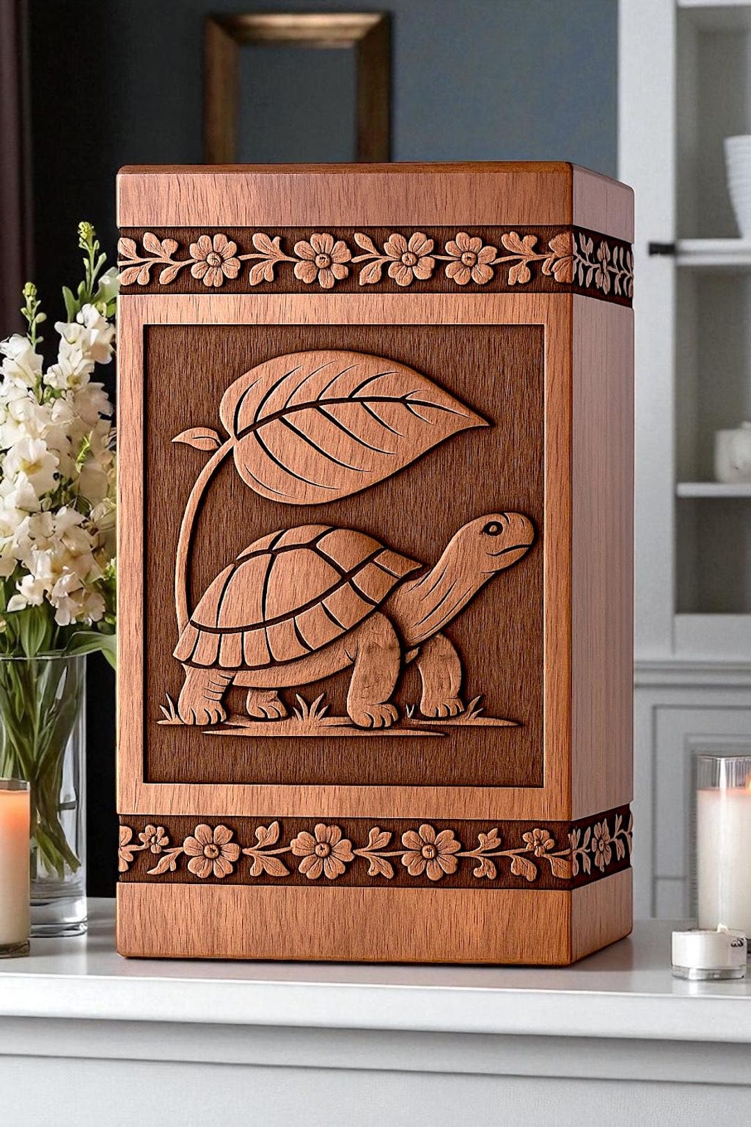 Handmade Wooden Cremation Urn: Turtle & Leaf Carving, Custom Engraved ...