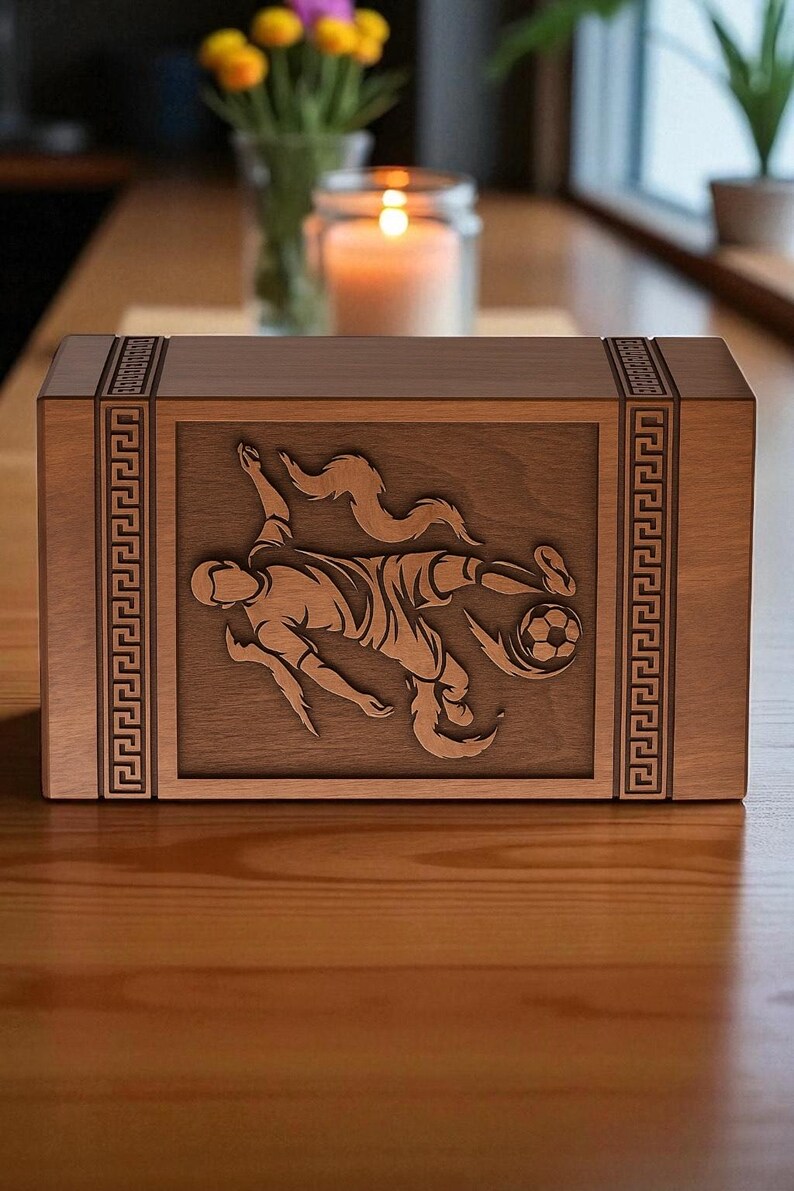 Handmade Rosewood Cremation Urn Box: Soccer Player Engraving ...