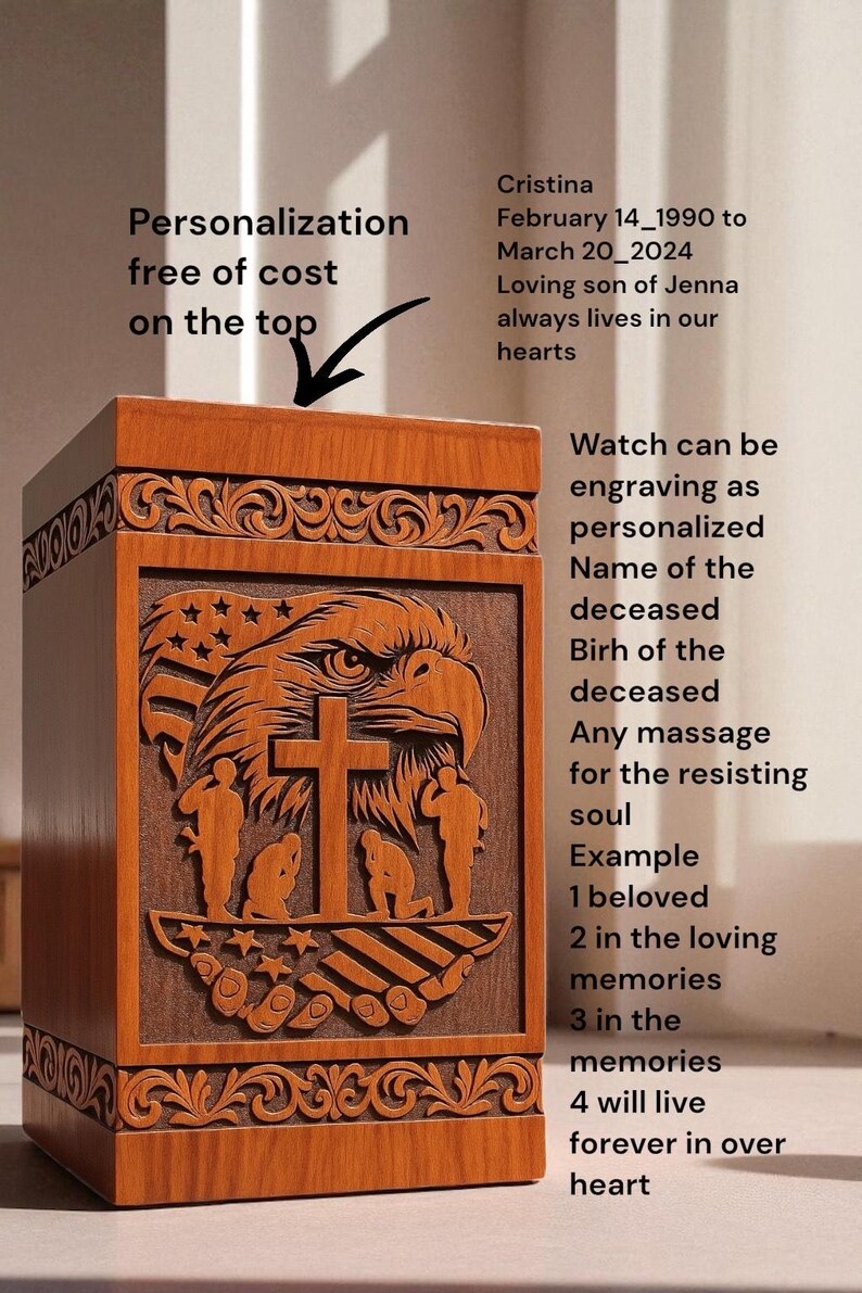 Handcrafted Wooden Cremation Urn: Eagle, Cross, American Flag ...