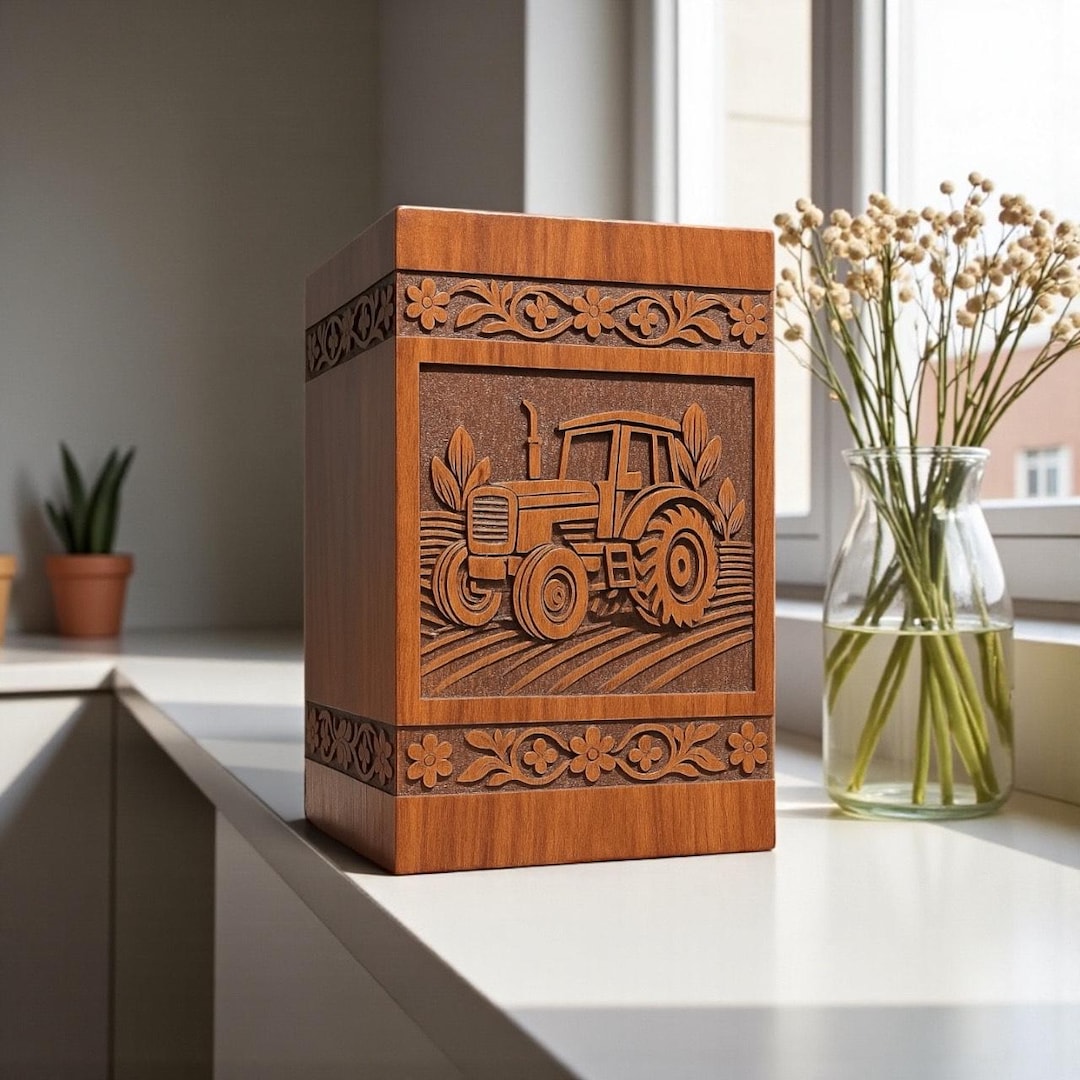 Handmade Rosewood Cremation Urn With Tractor Engraving - Farmer ...